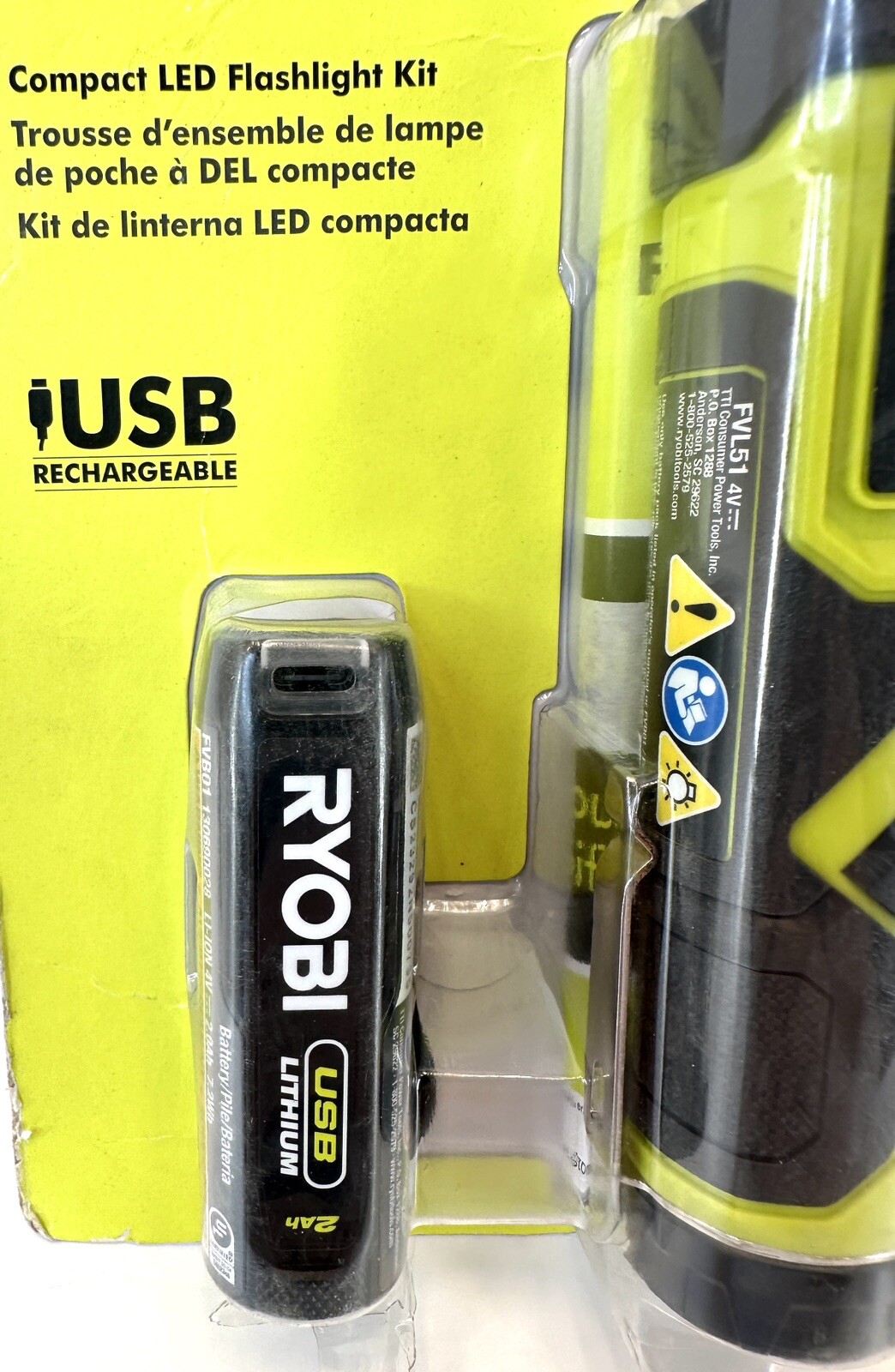 Ryobi 3 Mode LED Flashlight 600 Lumens With Battery & USB Charger Cord ...
