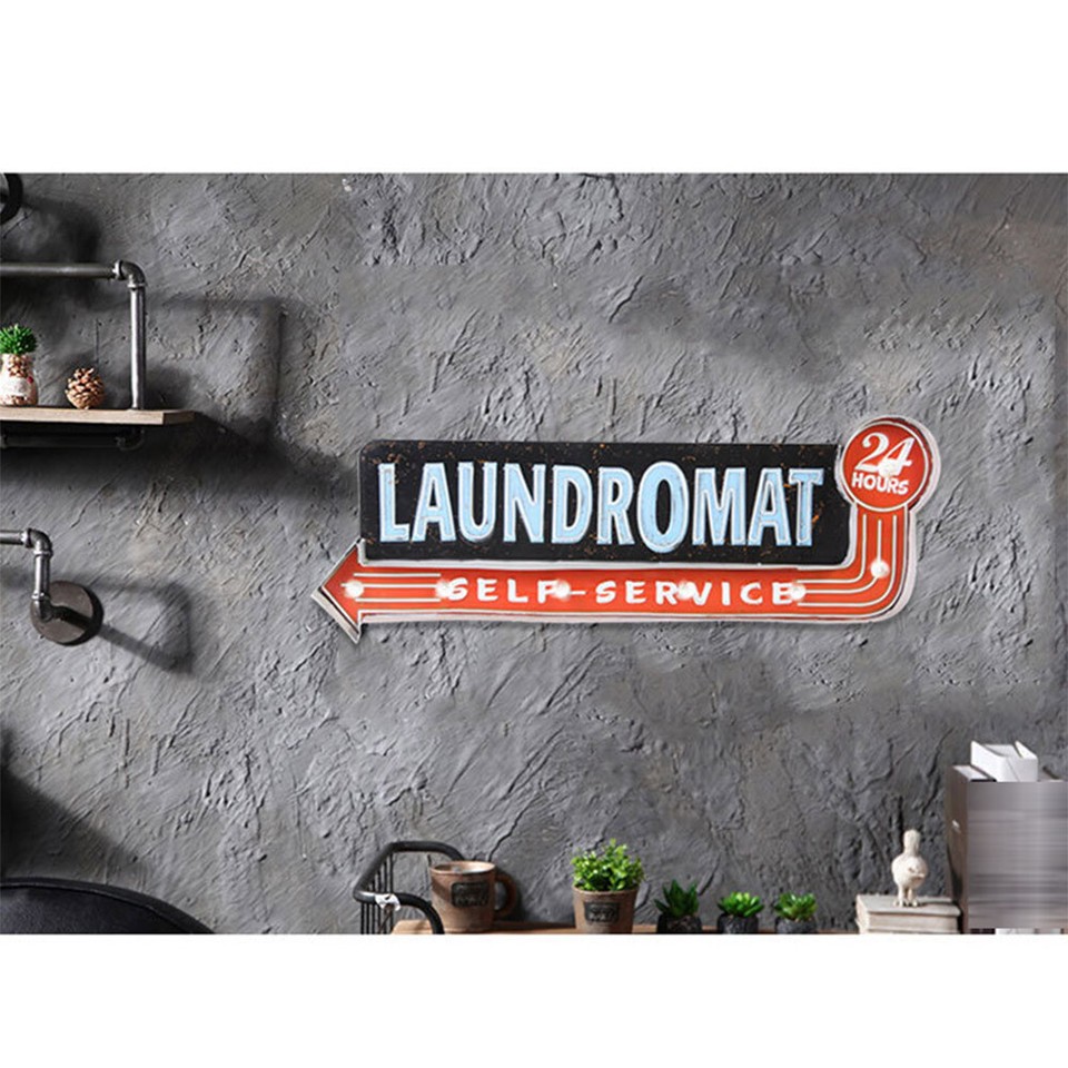 Vintage LED Light Metal Hanging Sign LAUNDROMAT Laundry Shop Art Wall ...