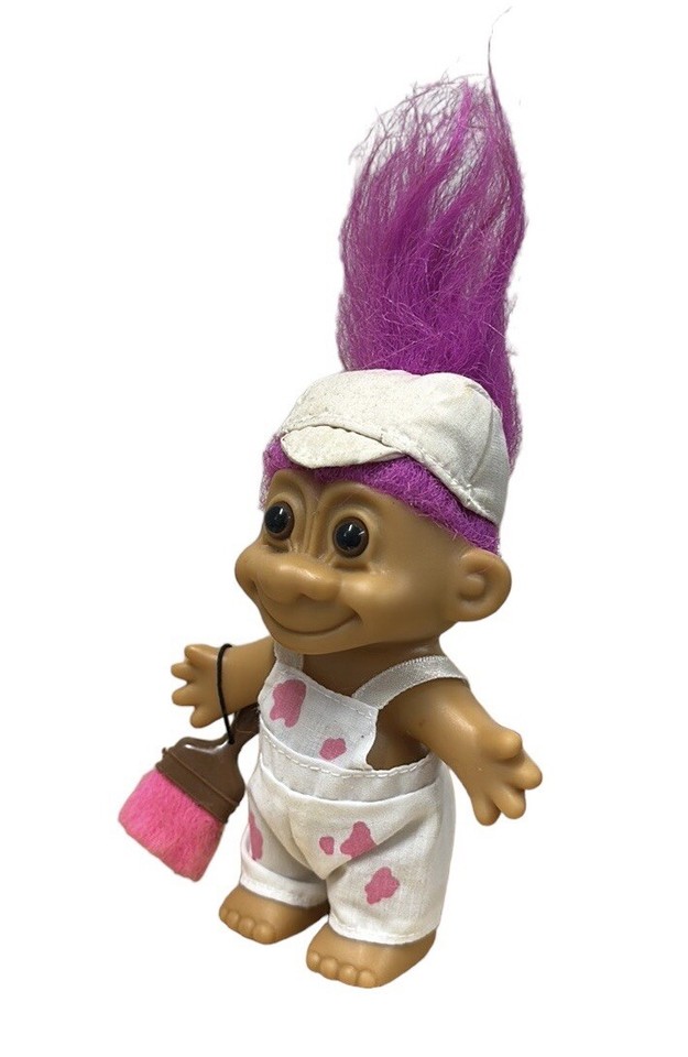 Vintage 90s Russ Berrie Painter Troll Doll Overalls Paint Splatter Pink ...