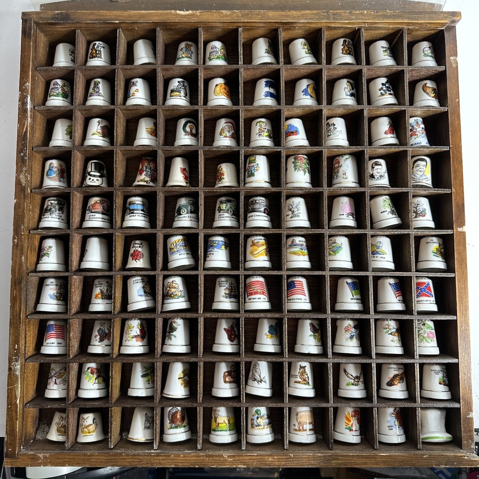 VTG Thimbles Display Case With 100 Thimbles Unique Lot Wooden Wall Bone ...