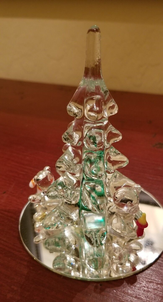 Hand Blown Glass Crystal Christmas Tree Green Center Flanked by 2 Bears ...