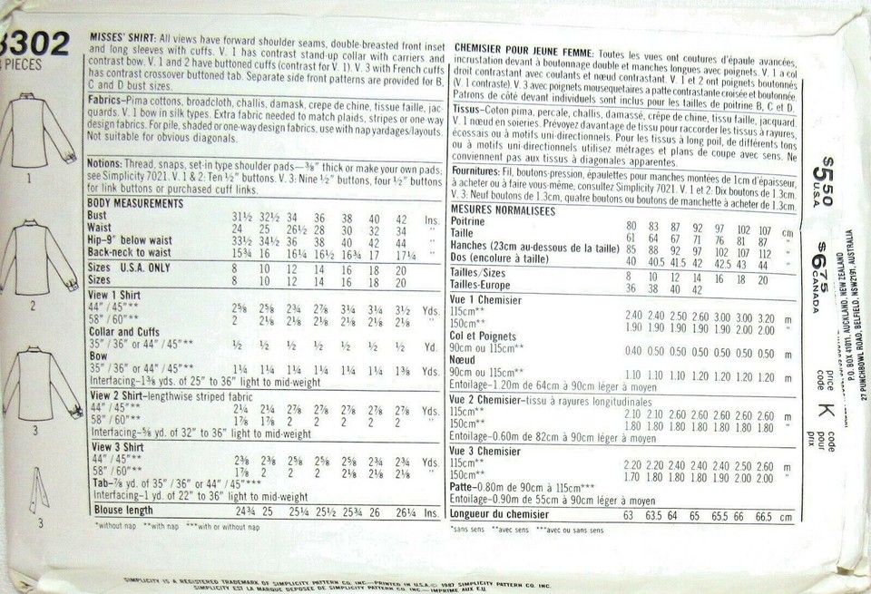 SIMPLICITY PATTERN 8302 PERSONAL FIT MULTI SIZE LONG SLEEVE BLOUSE TOP ...