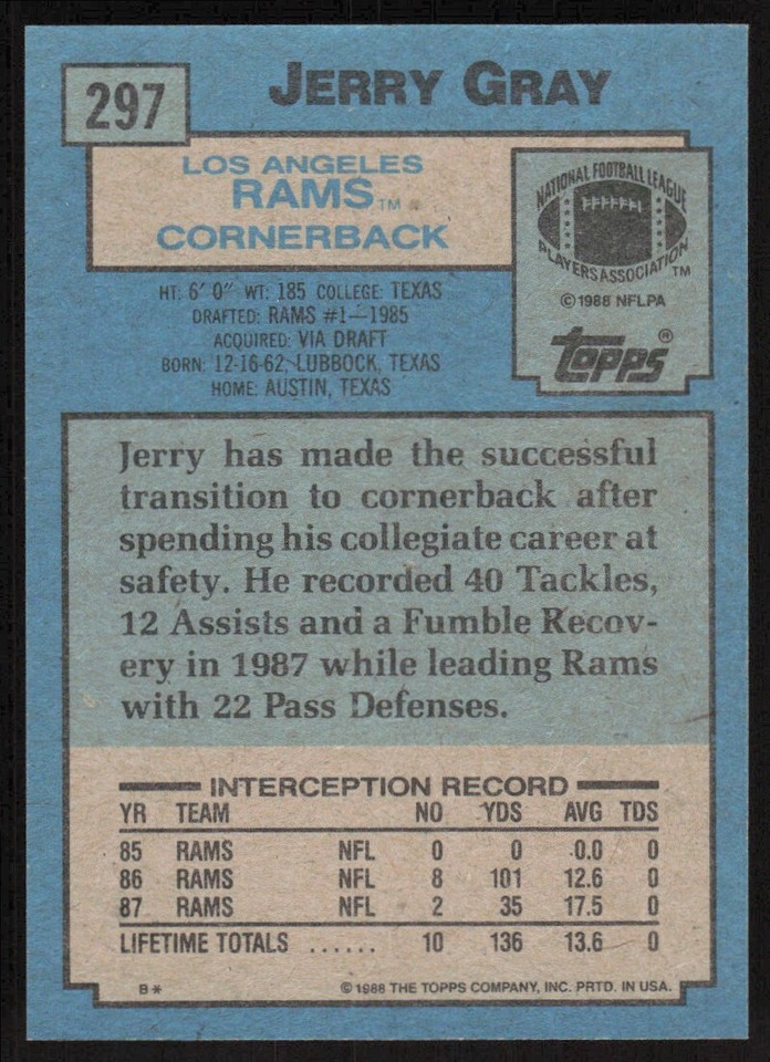 1988 Topps Football Jerry Gray #297 Los Angeles Rams | eBay