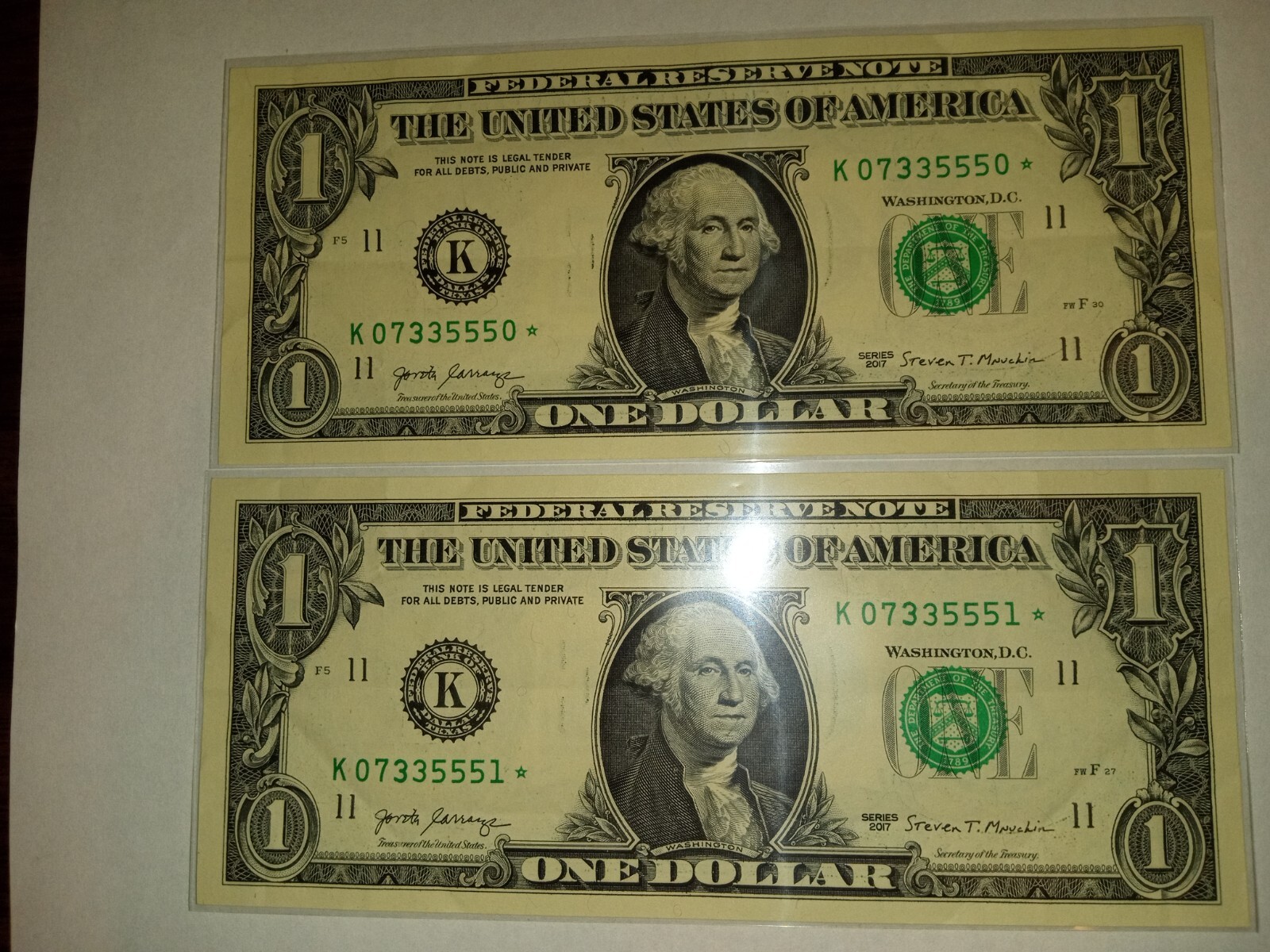 (2) $1 One Dollar Bill Star Note 2017 K 07335550*-551* | eBay