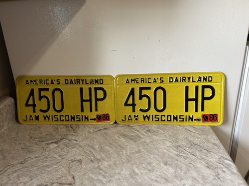 Vtg Wisconsin 2 PERSONALIZED LICENSE PLATES - "450 HP" Black on Yellow ...