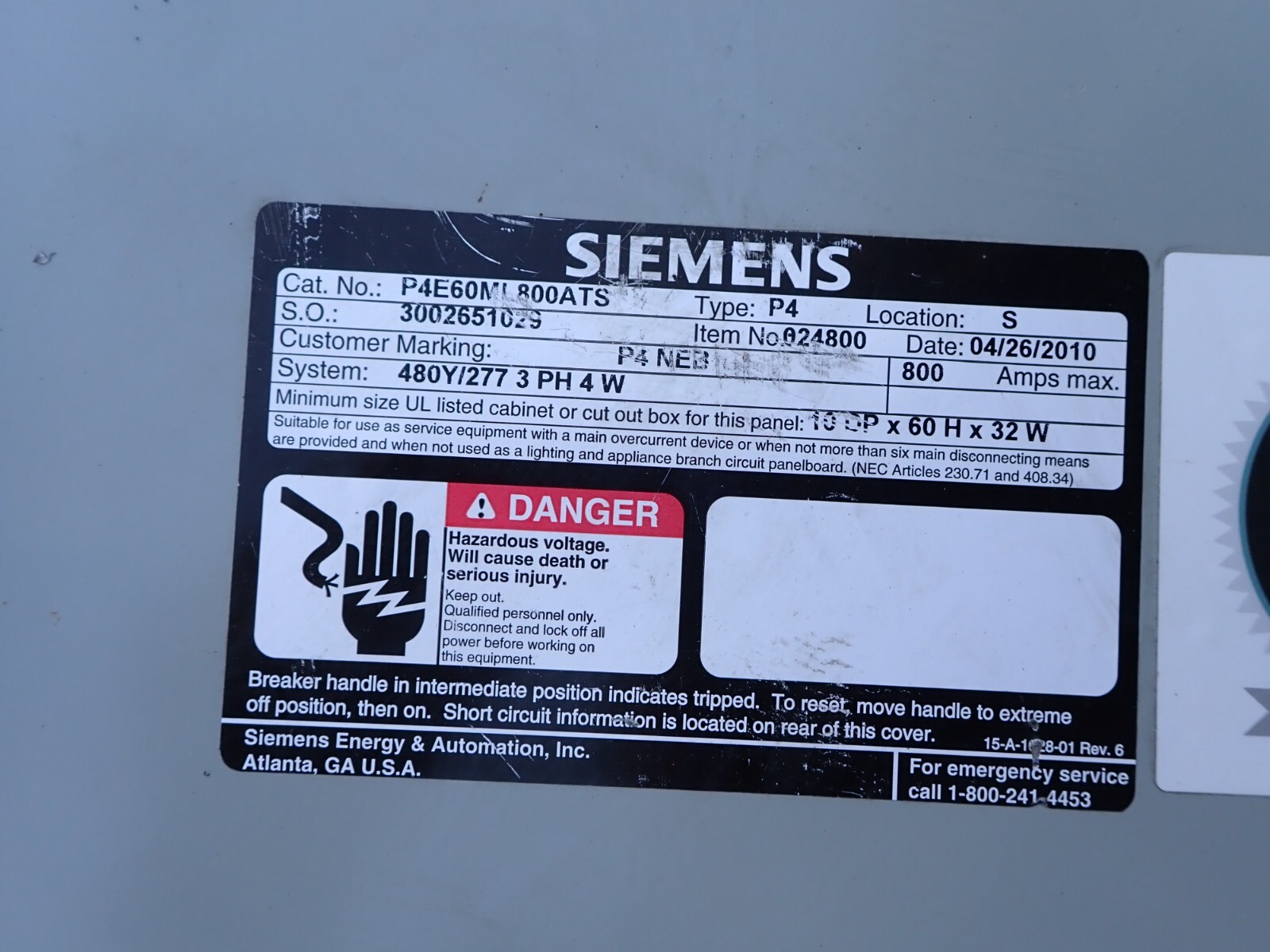 Siemens P4 800 amp 480 volt 3P 4W Indoor Main lug Breaker Panel P552 | eBay