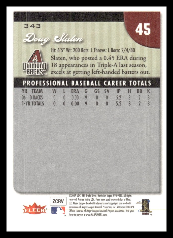 2007 Fleer #343a Doug Slaten "A" team logo Arizona Diamondbacks RC ...