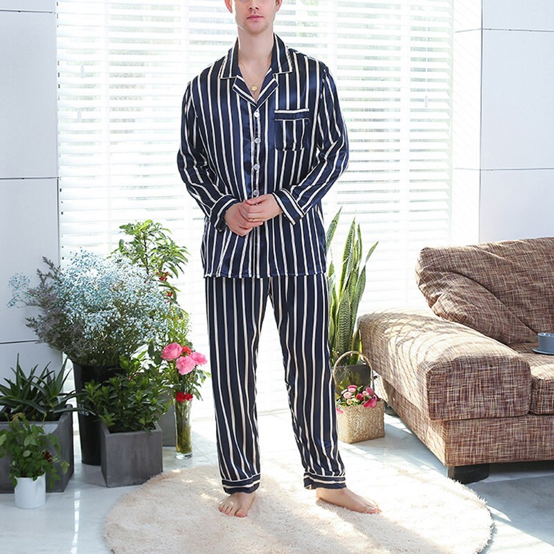 Men's Casual Sleepwear Sets Comfort Blue Stripe with Lapel Pocket Thin ...