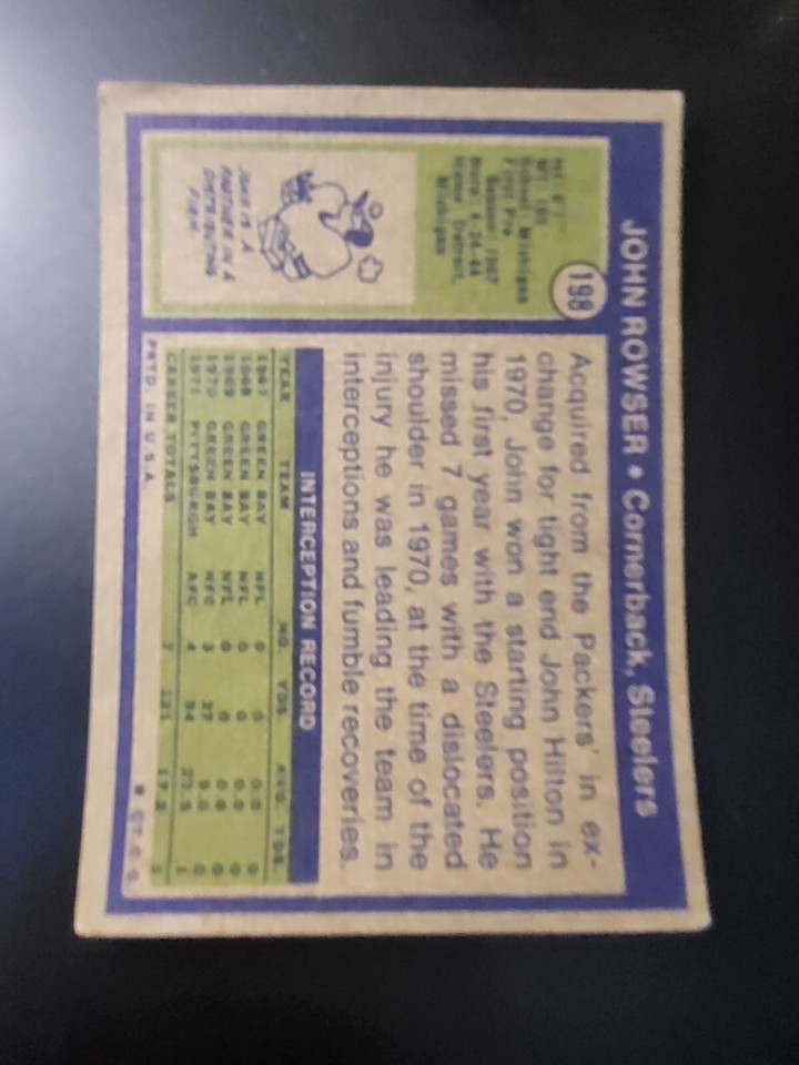 1972 TOPPS John Rowser football card #198. | eBay