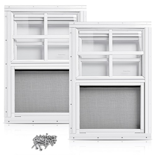 2Pack Shed Window, White Flush Mount with Tempered Glass and Screen ...