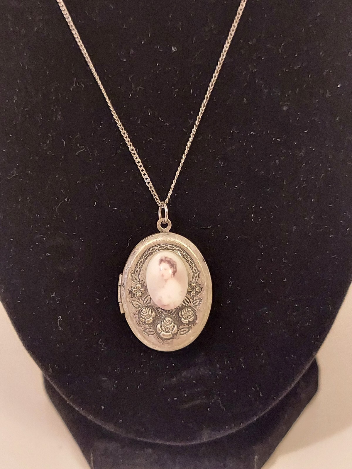 Miniature Portrait Silvertone Locket Necklace - Gem