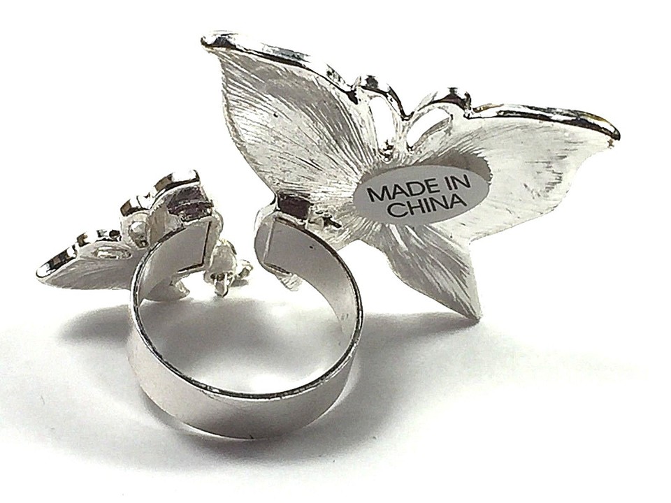 Women Silver Metal Rhinestone Butterfly Ring Elastic Band Size 6 to ...
