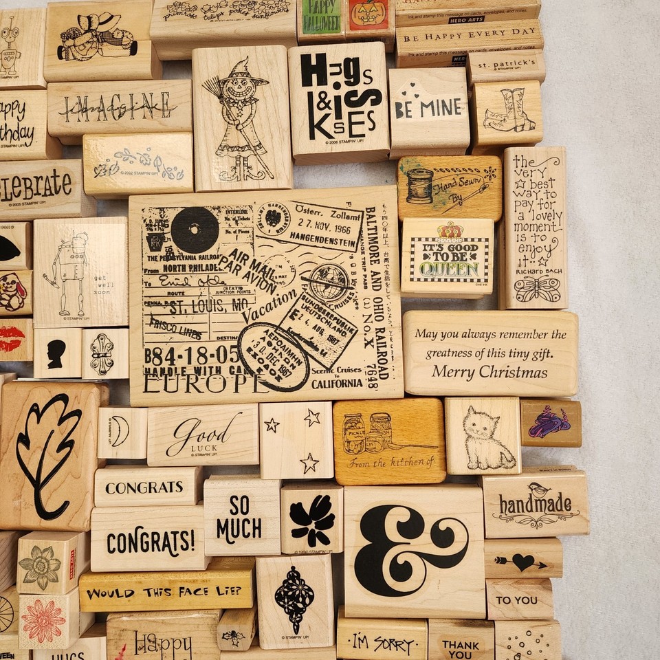 Huge LOT OF 220+ WOOD Block RUBBER STAMPS Variety Just For Fun Stamps ...