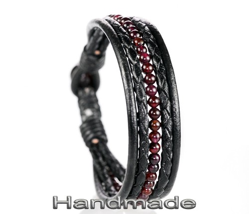 3B-197 HANDMADE Gift Natural Red Garnet Leather Armband Wristband Men ...