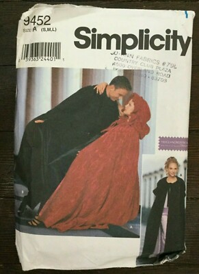 Simplicity 9452 Vtg Unisex Cloak Cape Optional Hood Misses Mens Teens ...
