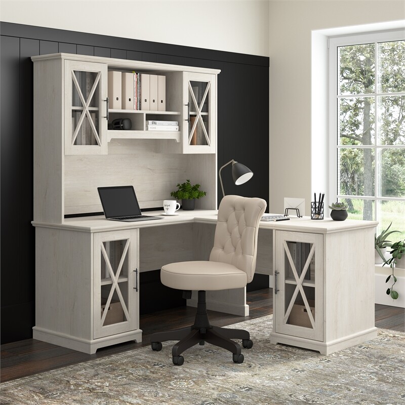Lennox L Shaped Desk with Hutch and Storage in Linen White Oak ...