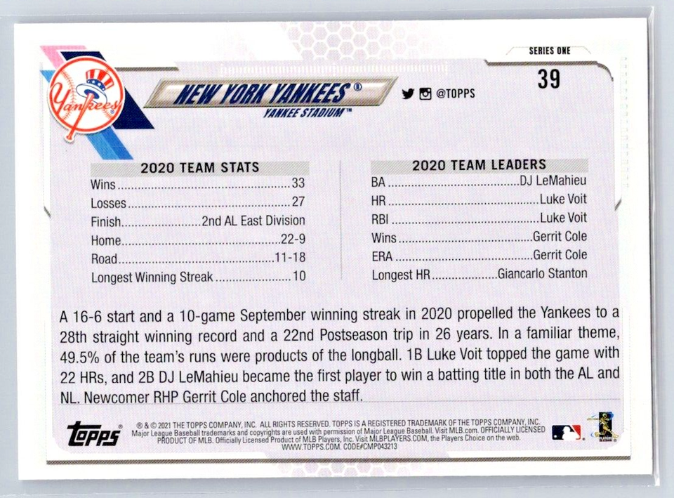 2021 Topps Baseball - Team Card - New York Yankees - Base - #39 | eBay