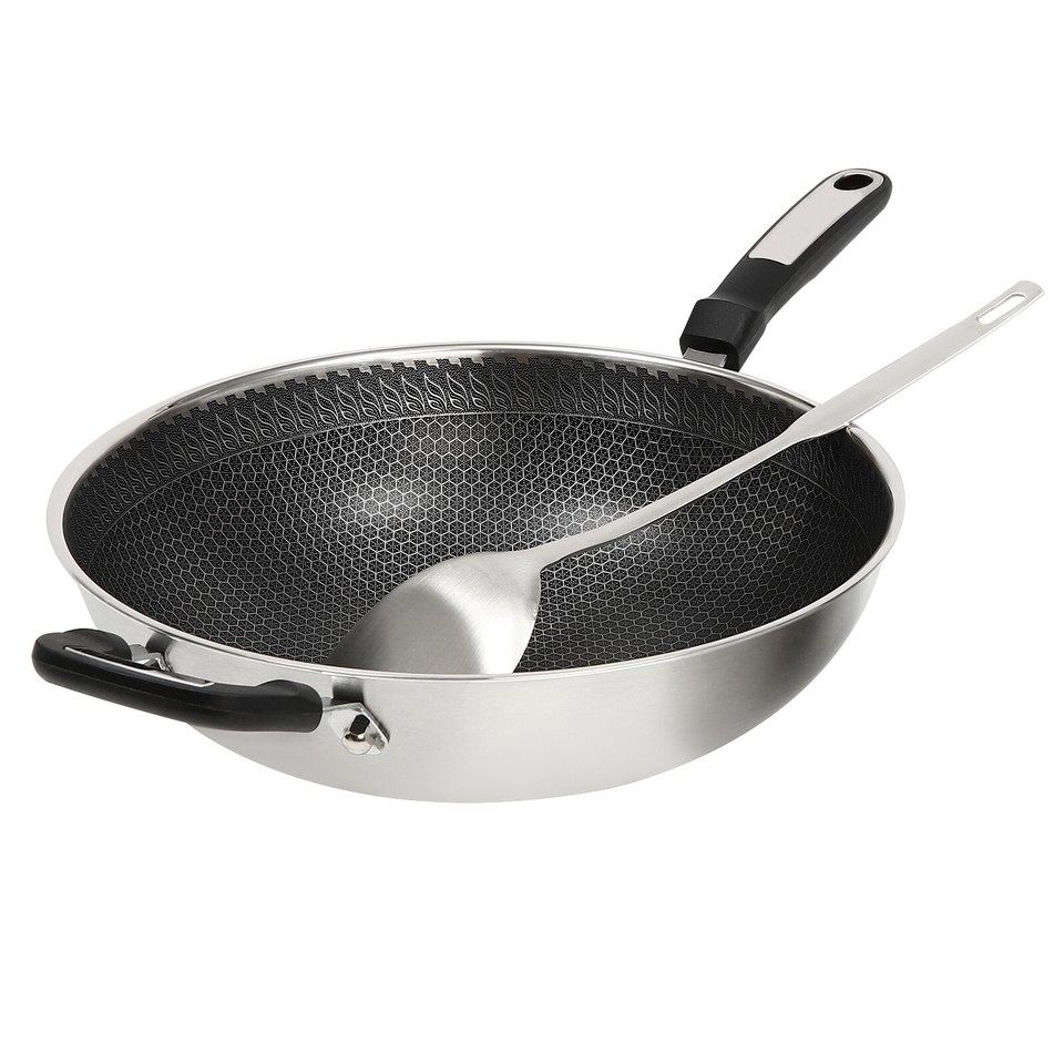 Large Honeycomb Wok Pan with Lid & Stainless Steel Steamer Cooking Pot ...
