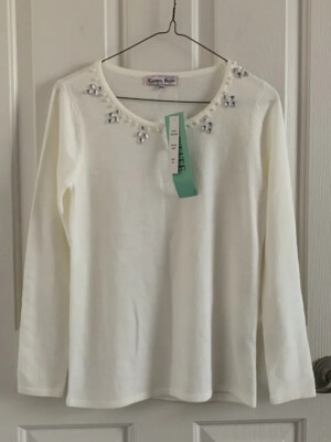 Carol Rose Beaded Embellished Long sleeve Pullover Top Ivory small ...