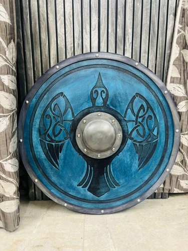 24'' Carved Viking Raven Shield Handcrafted Round Wooden Norse Battle ...