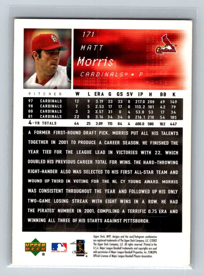 2002 Upper Deck MVP #171 Matt Morris St. Louis Cardinals Baseball Card ...