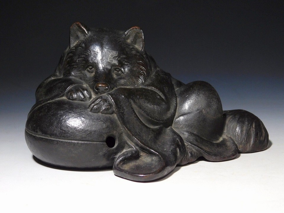 Tanuki Osho Raccoon dog Monk Signed Bronze Okimono Antique Statue w ...