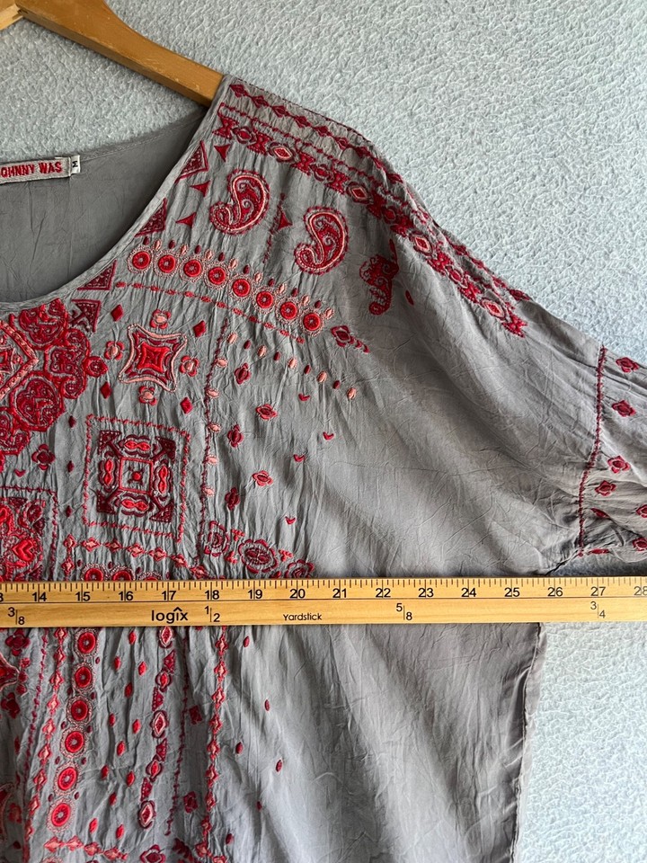 Johnny Was Blouse Womens Medium Gray Red Embroidered Boho Hippie ...