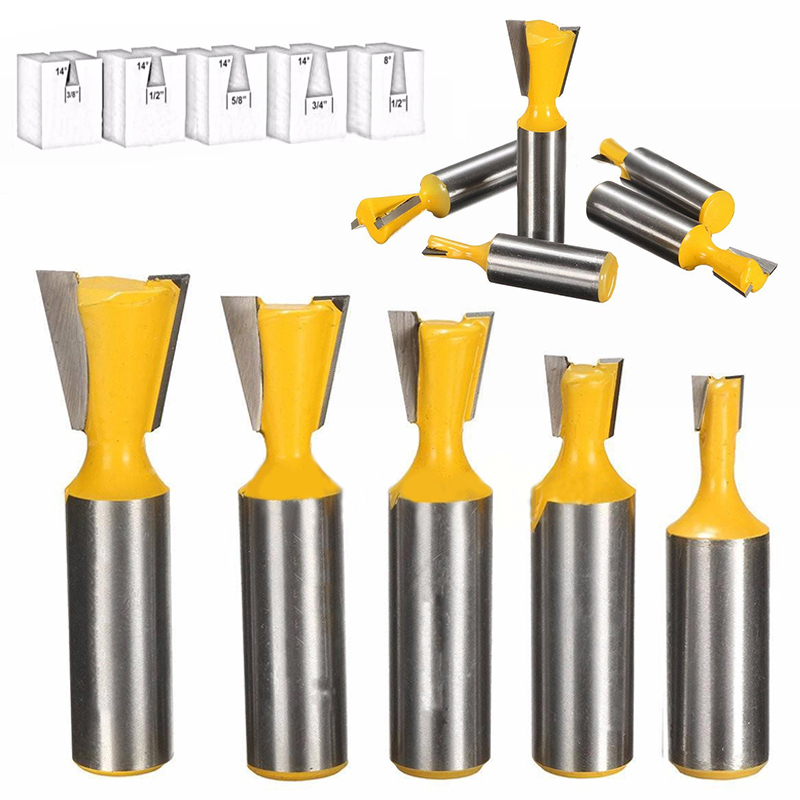 5Pc 8°and14° Dovetail Joint Router Bit Set 1/4" 1/2" 3/8" 5/8" 3/4" - 1 ...