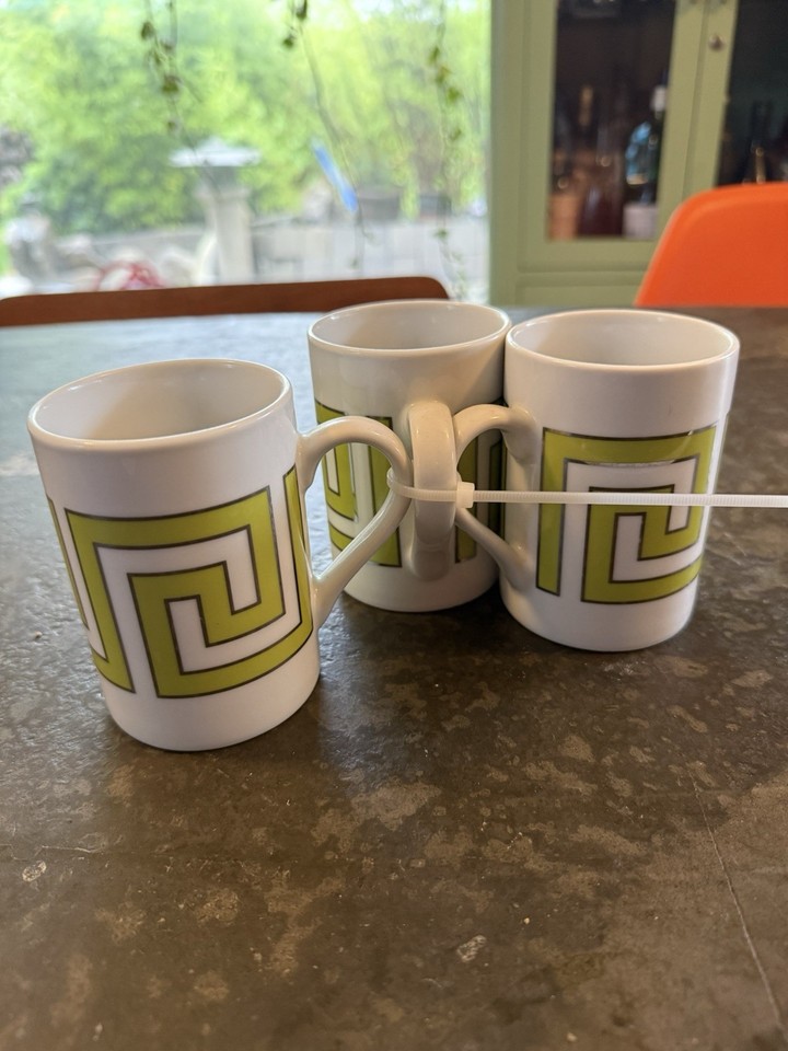 Jonathan Adler Greek Key Coffee Cups Green Pattern With Silver Trim. | eBay