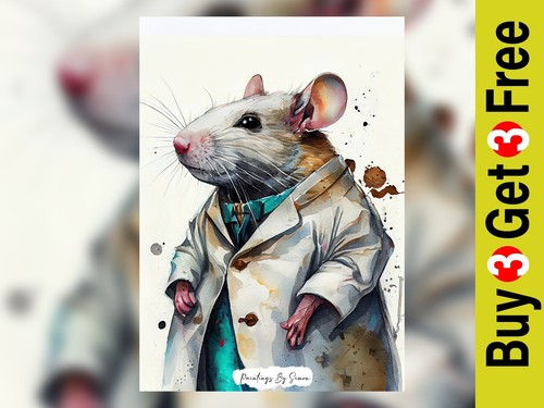 Scientist Mouse in Lab Coat, Watercolor Painting Print 5"x7" on Matte ...