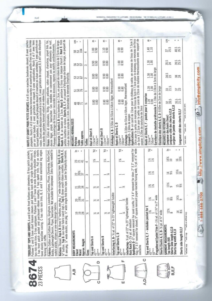 New Simplicity 8674 Toddler Girls Tops & Shorts Pattern Sz 1/2, 1, 2 ...