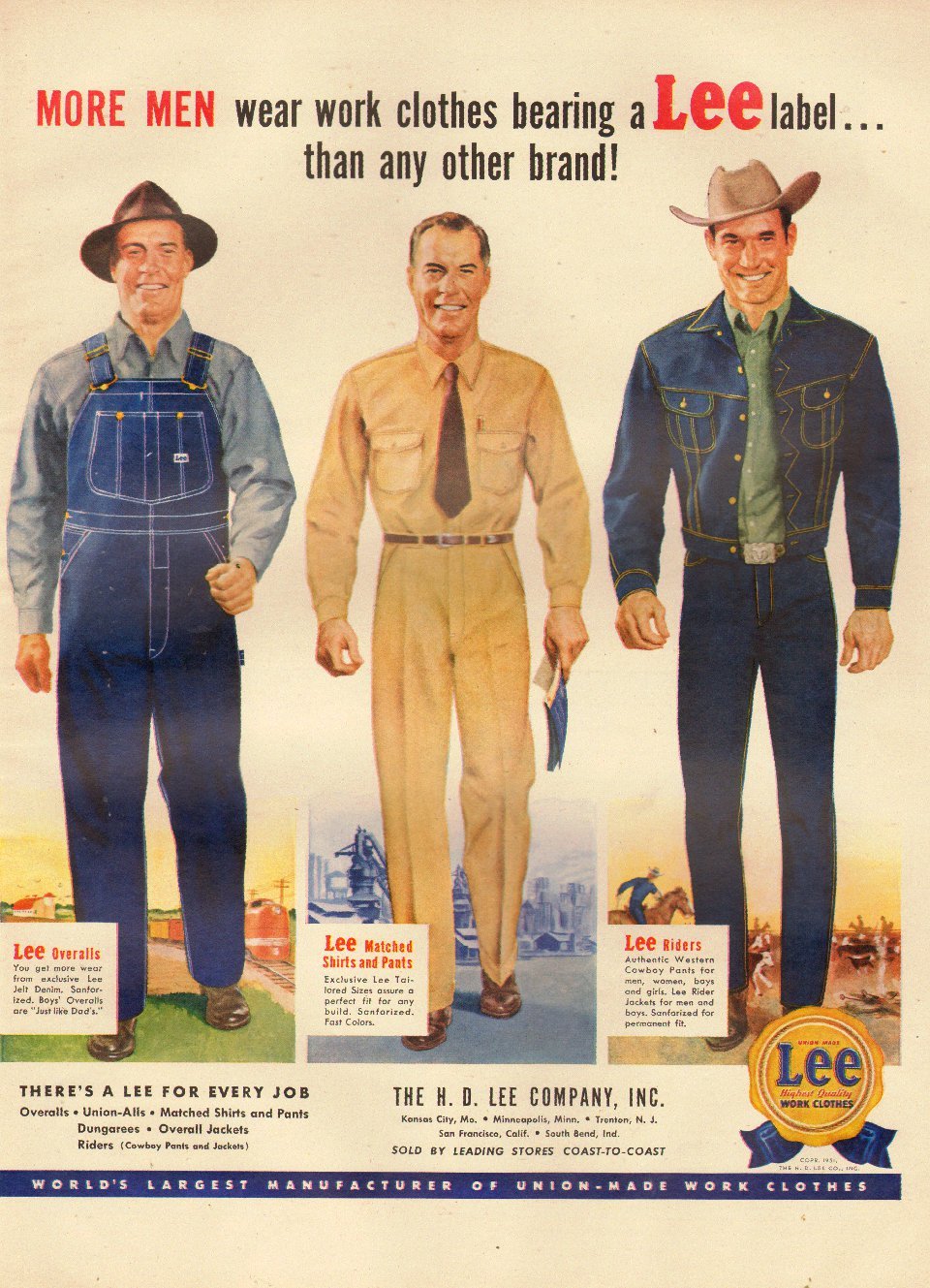 1951 vintage AD LEE Work Clothes , overalls, riders. matched shirt ...