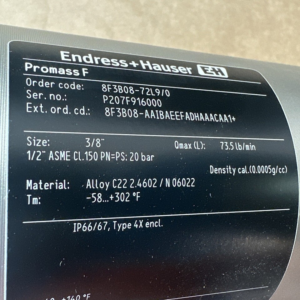 NEW- Endress Hauser Promass F 300 Coriolis Flow Meter 8F3B08-72L9/0 ...