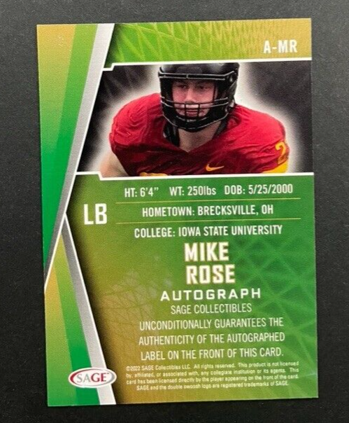 2022 SAGE - Mike Rose #A-MR Iowa State Cyclones - ROOKIE AUTO | eBay