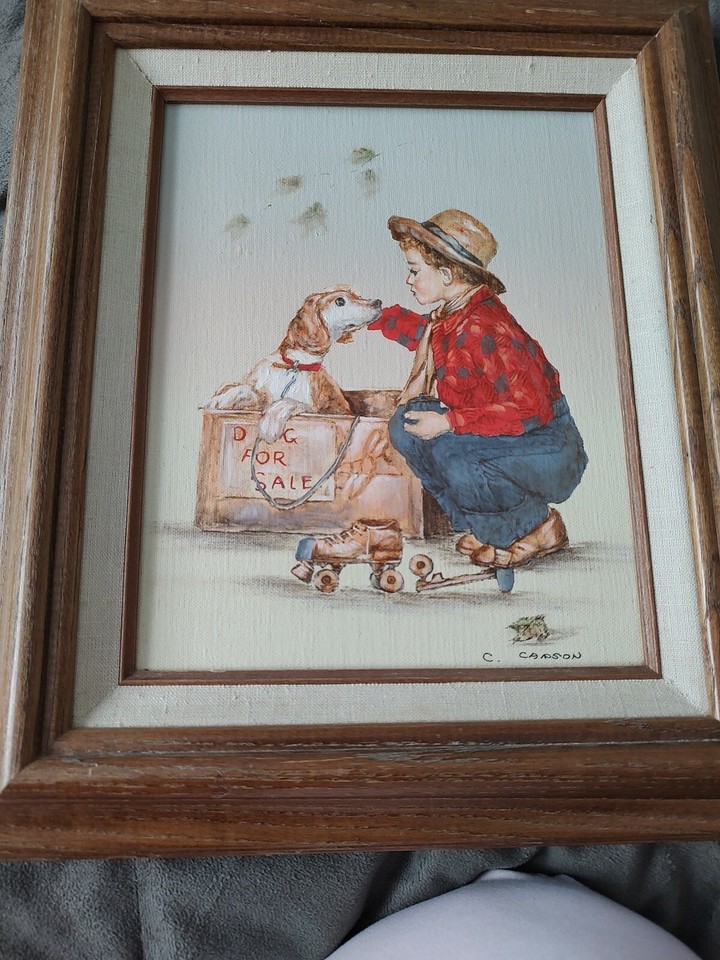 Vintage C. Carson Signed Oil Canvas Boy Puppy For Sale Roller Skates ...