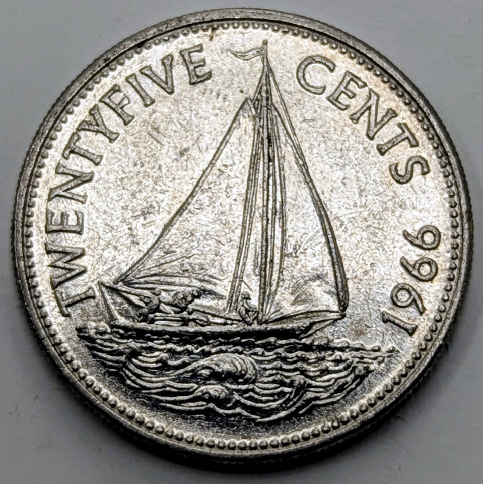 Bahamas 1966 25 CENTS Elizabeth II Coin UNC with Toned-Lustre & Ocean ...