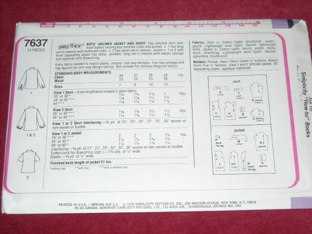 💐 1976 UNCIRCULATED SIMPLICITY #7637 - BOYS WINDBREAKER & SHIRT PATTERN ...