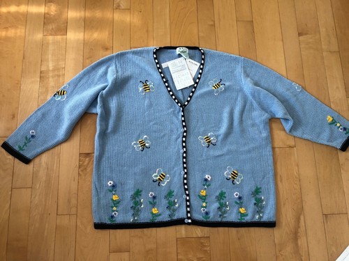 NEW Quacker Factory Wms Cute Bees Scene Blue Cardigan Sweater 3X | eBay