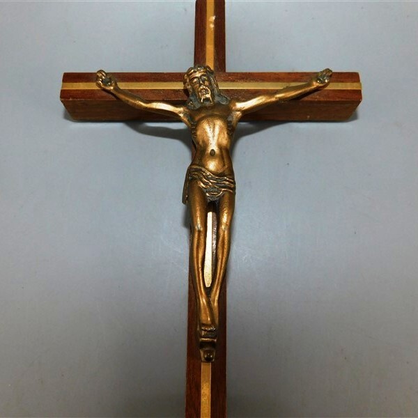 7/560 Vintage He is Risen INRI Crucifix Cross Wood Metal Brass Inlay ...