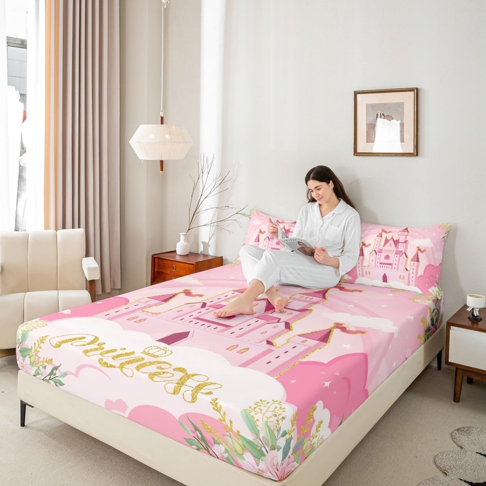 Princess Theme Fitted Full Size,Pink Castle Dreamy Bedding Set with ...