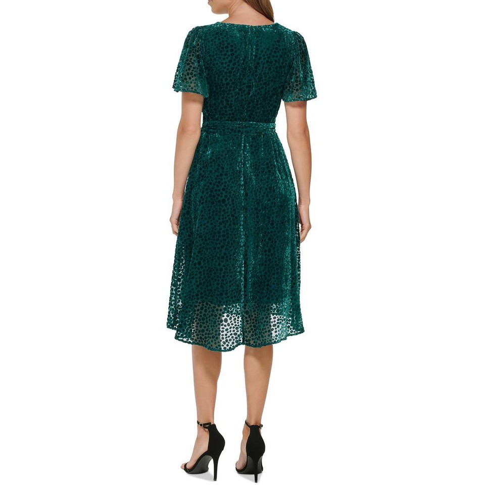 DKNY Womens Green Velvet Knee-Length Flutter Sleeve Wrap Dress 8 BHFO ...