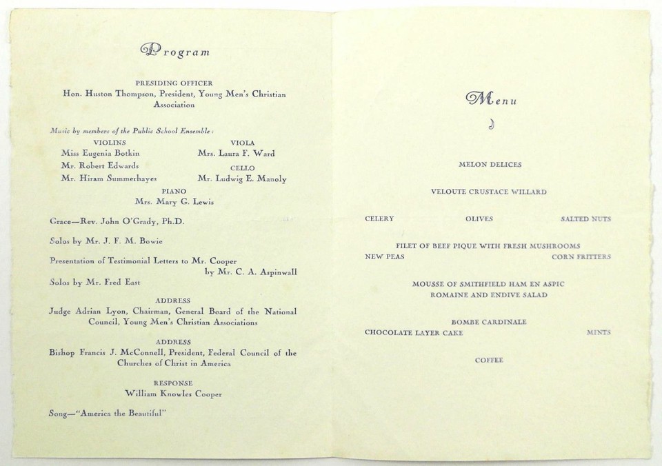 1927 YMCA Testimonial Dinner Menu WILLIAM KNOWLES COOPER Willard Hotel ...