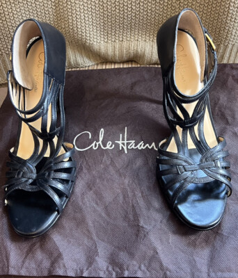 Cole Hann High Heels Open Toe Strappy Ankle Buckle Black Leather Women ...