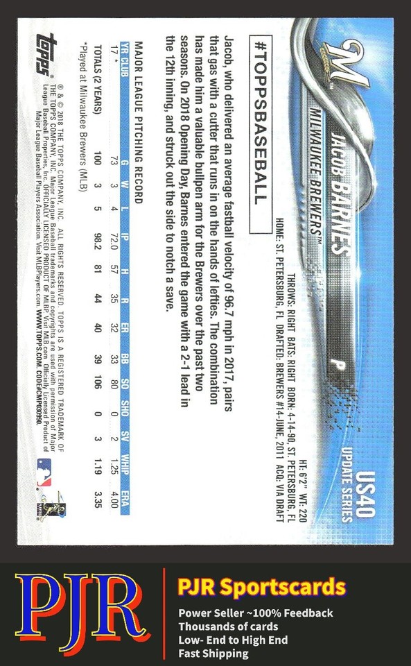 2018 Topps Update #US40 Jacob Barnes Milwaukee Brewers | eBay