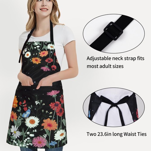 Kitchen Aprons Women Floral Adjustable Adults Waterproof With 2 Pockets ...