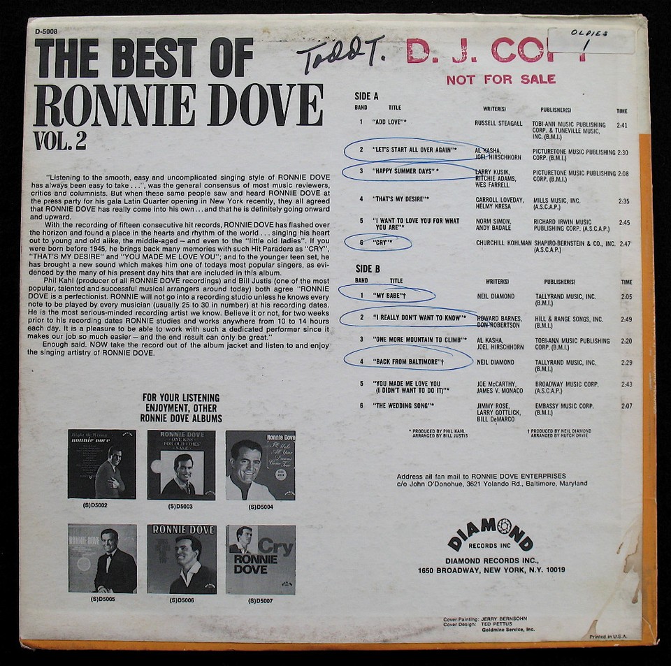 RONNIE DOVE-THE BEST OF RONNIE DOVE-Rare Promotional Only Album-DIAMOND ...