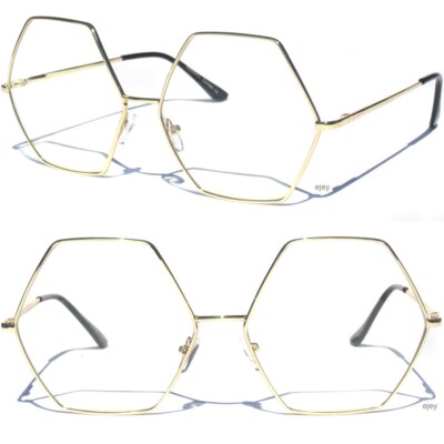 LARGE Pentagon Frame Clear Lens Eye Glasses Gold Fashion Retro Vintage ...