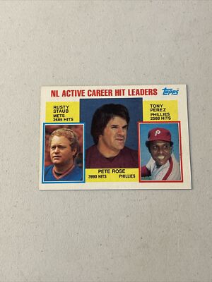 Baseball Card -- 1984 Topps NL Hit Leaders Pete Rose/Rusty Staub/Tony ...