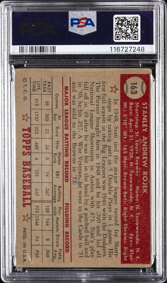 1952 TOPPS GRAY BACK #163 STAN ROJEK PSA 2 | eBay
