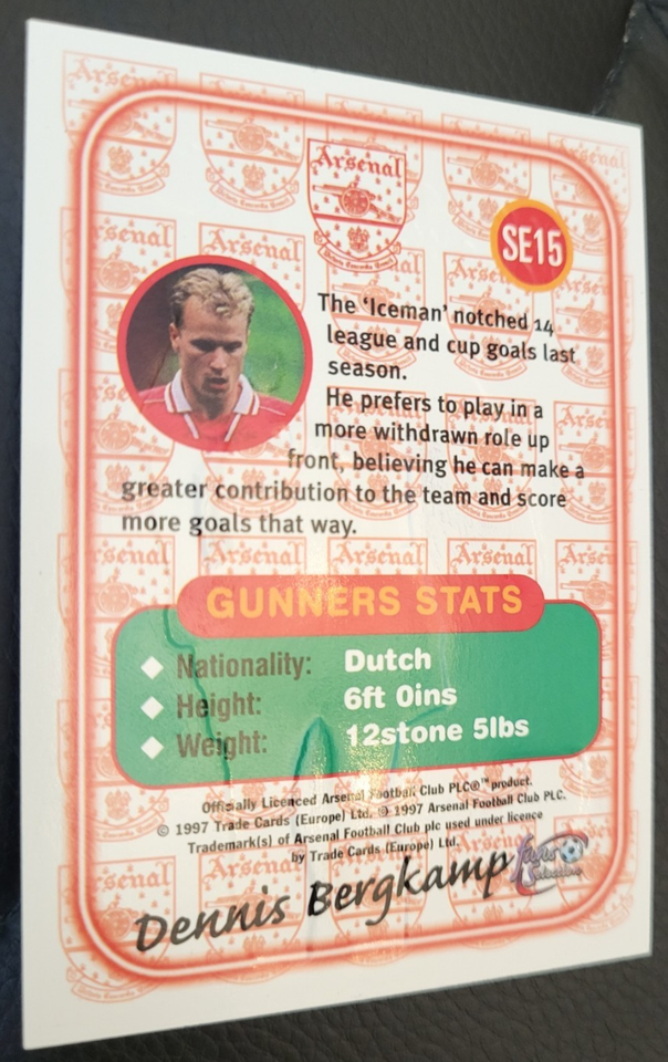 DENNIS BERGKAMP Signed Arsenal 1997-98 Futera Fans Selection EMBOSSED ...